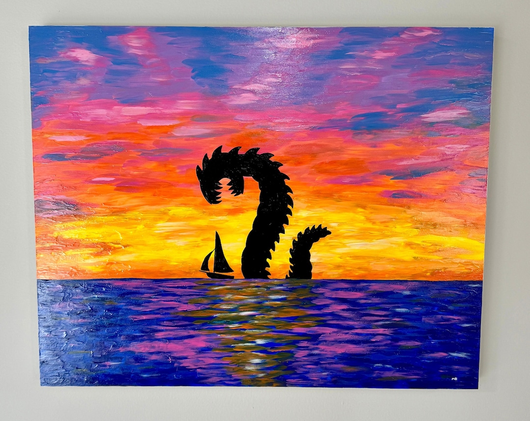 Sea Monster Sunset Sailing Original Acrylic Painting on Gessobord 20x16 ...