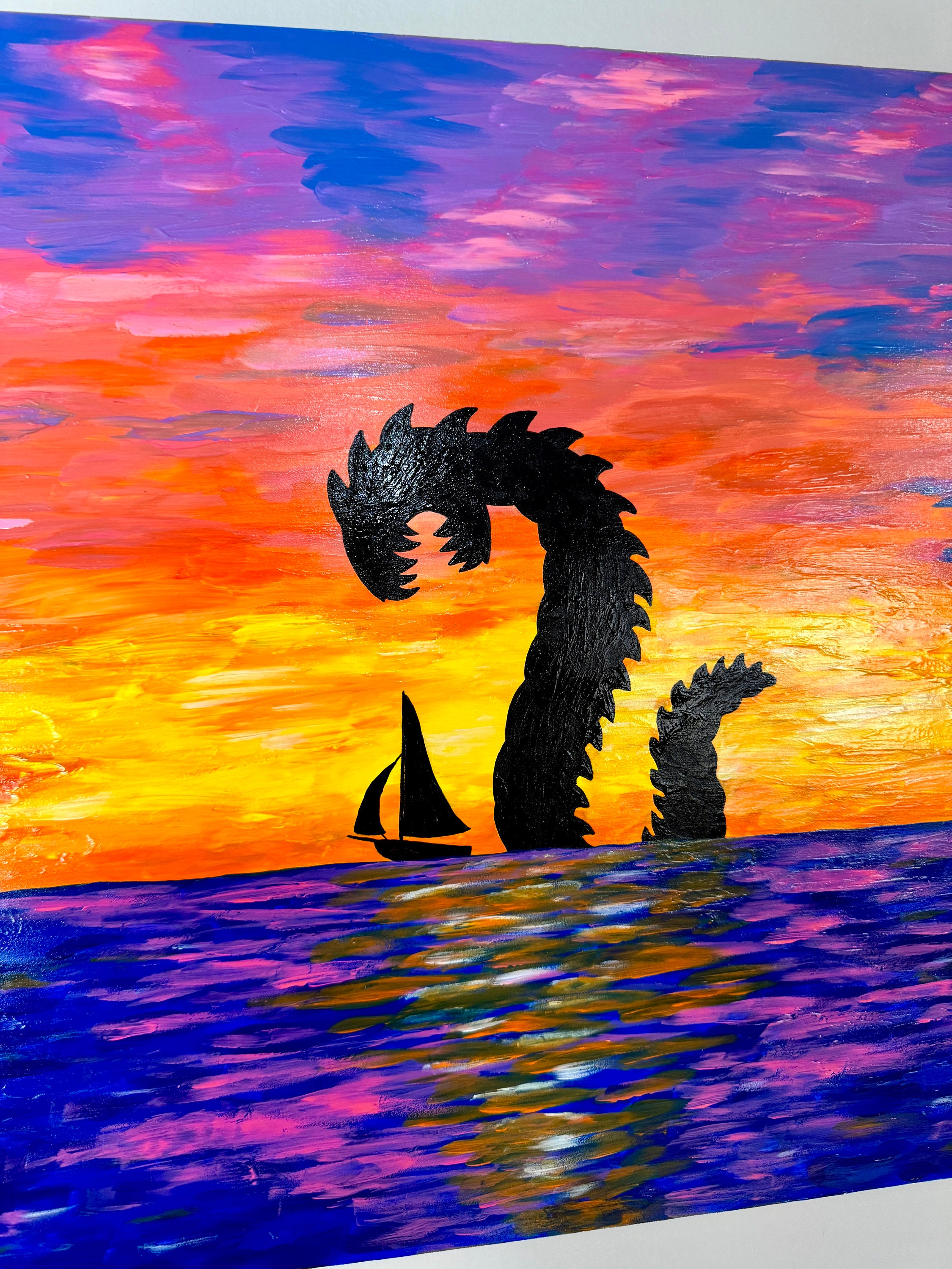 Sea Monster Sunset Sailing Original Acrylic Painting on Gessobord 20x16 ...