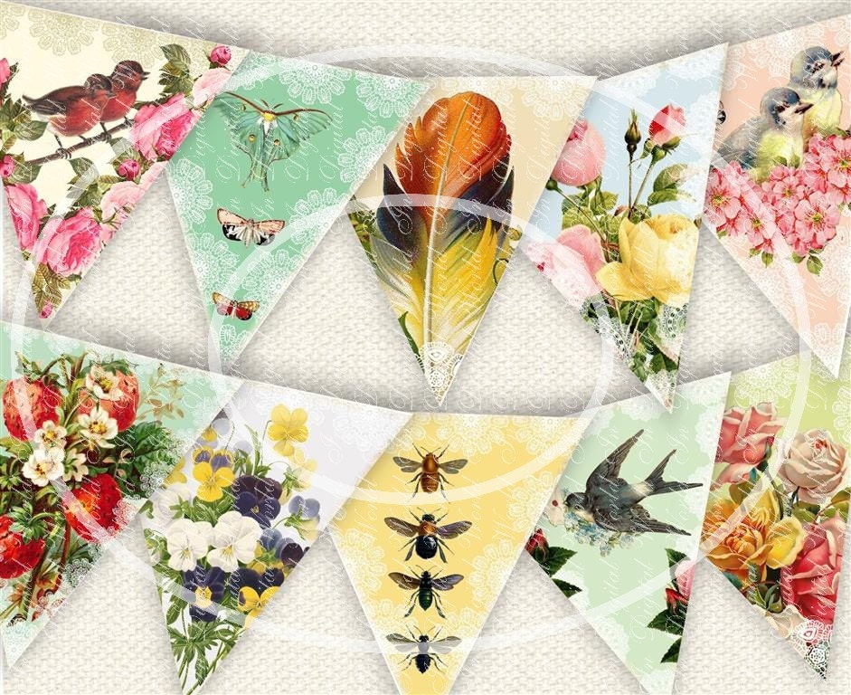 Vintage Spring Flags Bunting Banner Pennants Birds Bees | Etsy