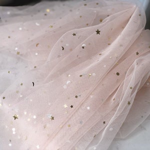 5 Yards Pink Baby Blue Star Tulle Lace Fabric With Gold Star Embroidery ...