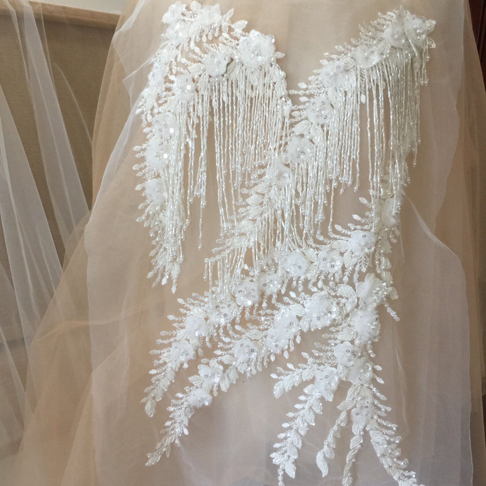 3D Flower Hand Beaded Dress Bodice Panel, Beautiful Fringe Lace Patch ...