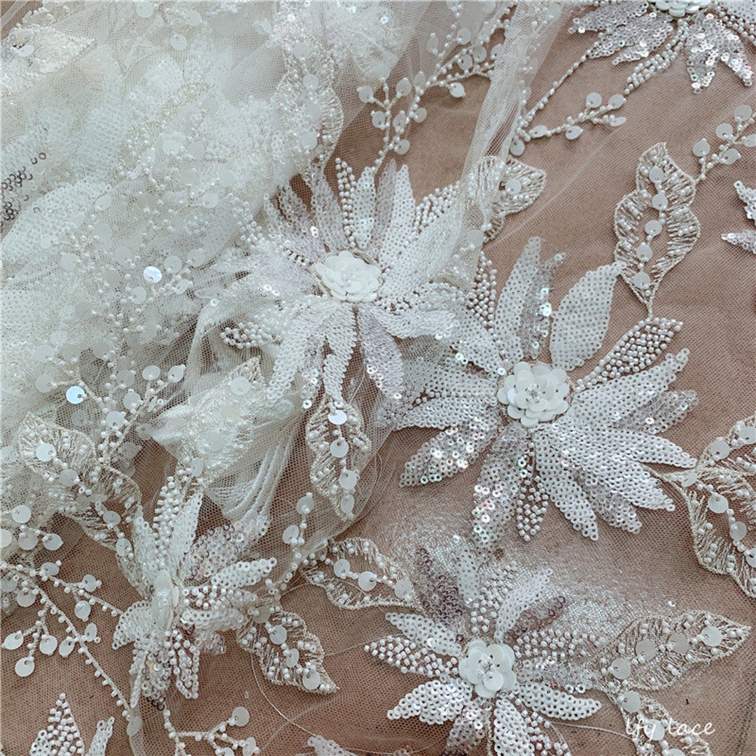 Luxury 3D Beaded Haute Couture Fabric Lace by Yard, Bridal Gown Wedding ...