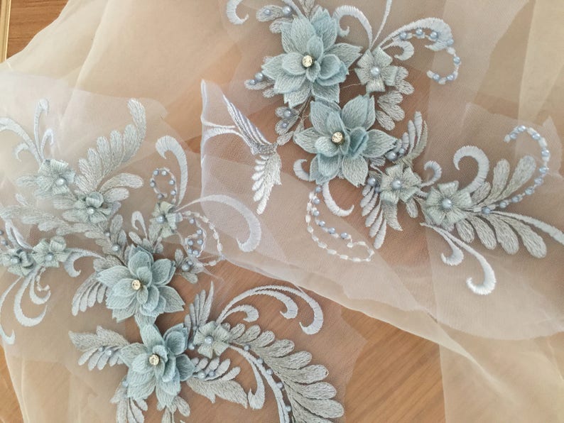 Off White 3D Pearl and Rhinestone Beaded Lace Applique Set in Smoke ...
