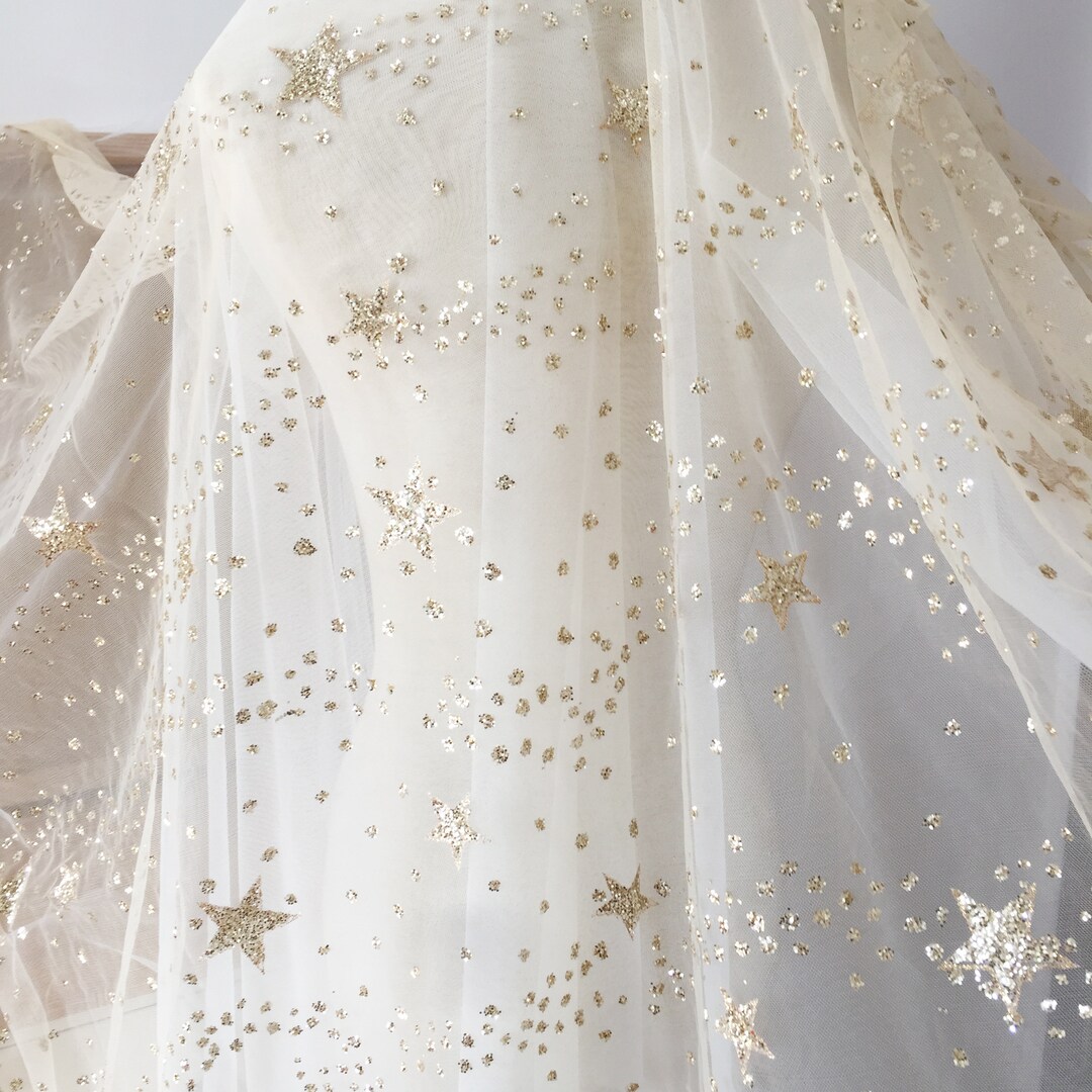 Gold Glitter Champagne Tulle Lace Fabric, Star Couture Wedding Bridal ...