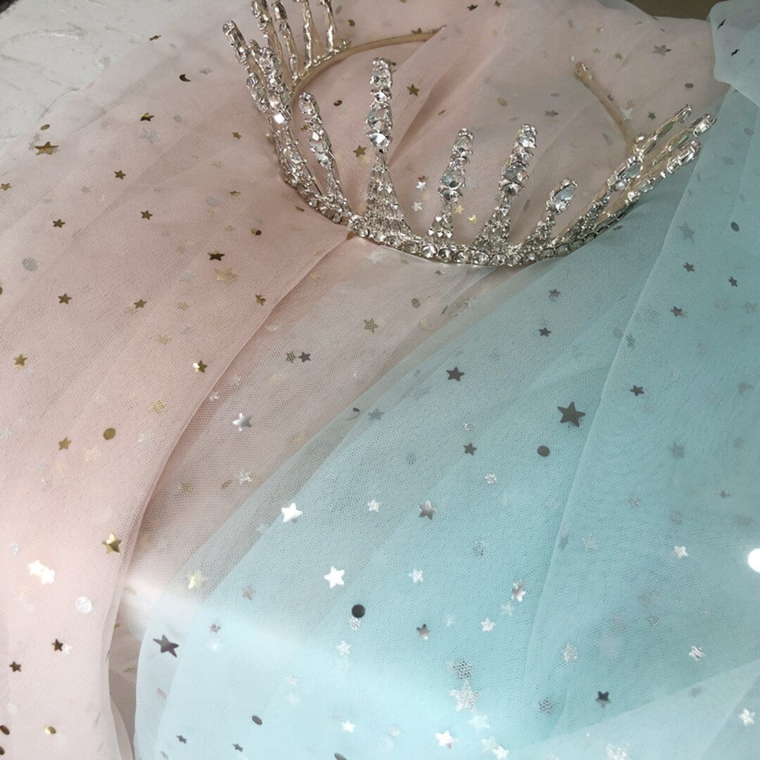 5 Yards Pink Baby Blue Star Tulle Lace Fabric With Gold Star Embroidery ...