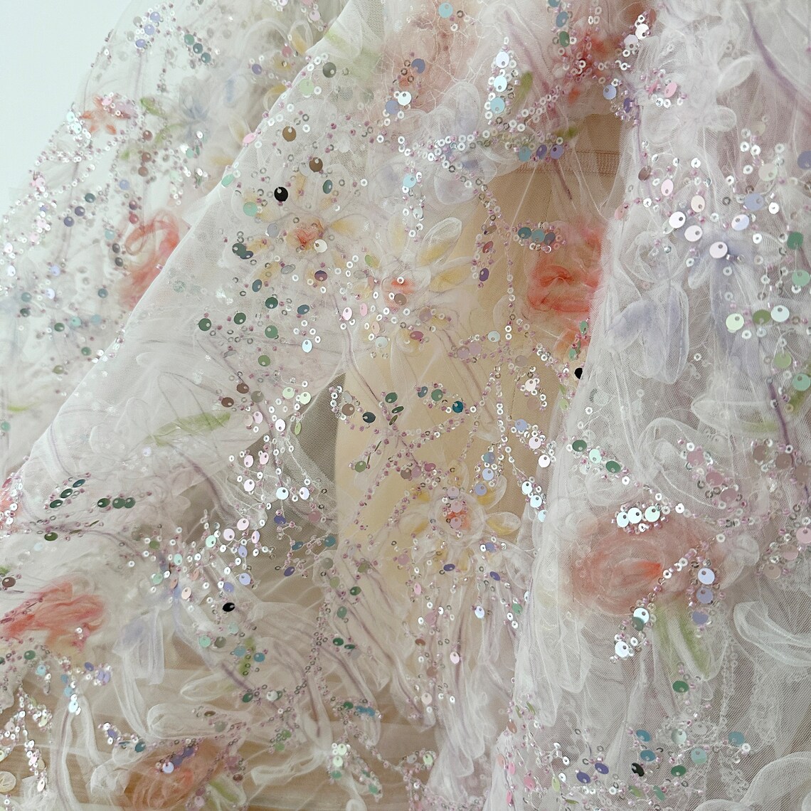1 Yard Delicate 3D Ruffle Tulle Lace Fabric, Dusty Pink 3D Beading ...