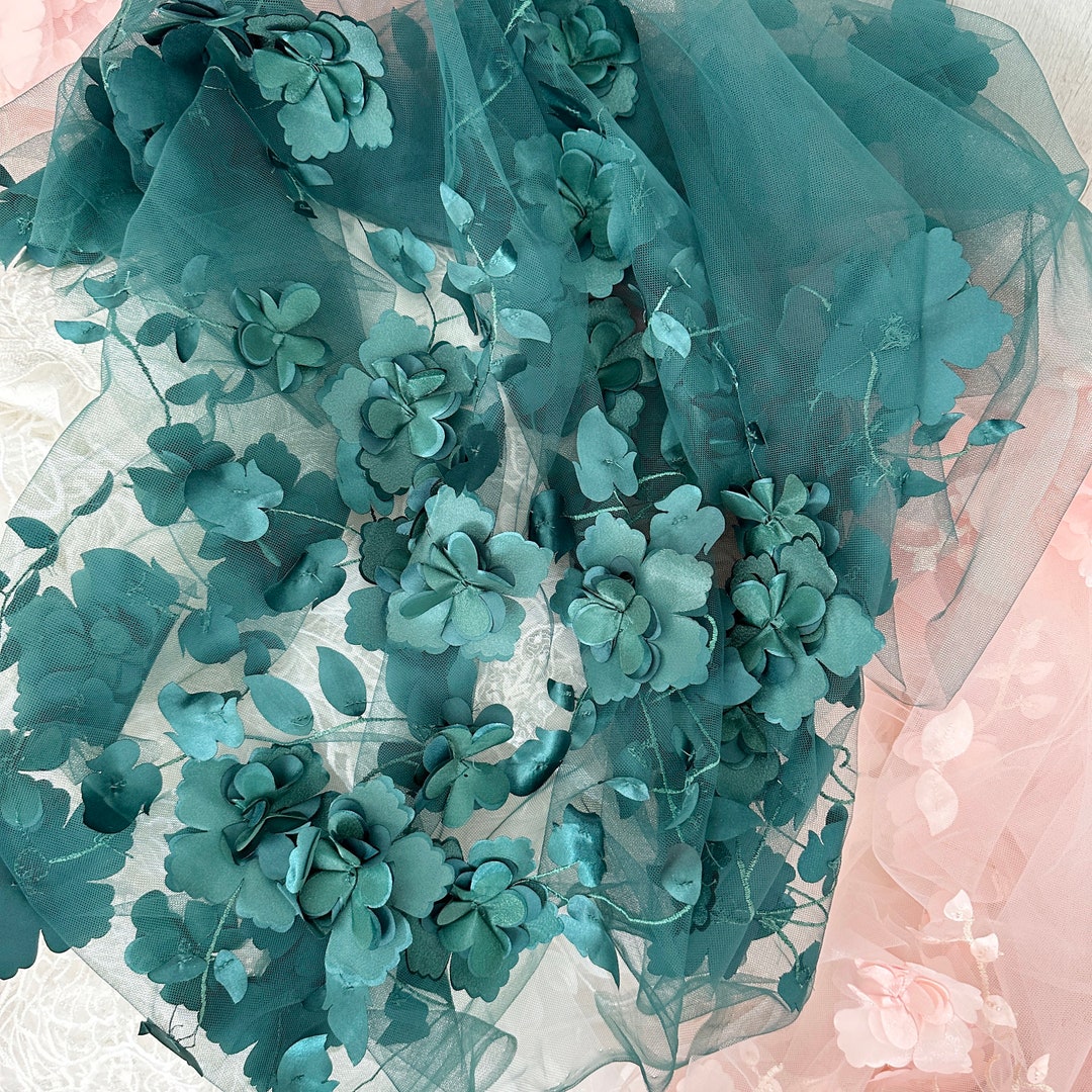 3D Full Blossom Flower Tulle Lace Fabric in Green Blush , Wedding Gown ...