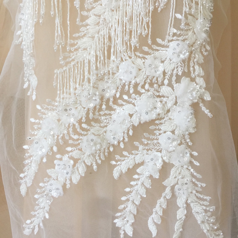 3D Flower Hand Beaded Dress Bodice Panel, Beautiful Fringe Lace Patch ...