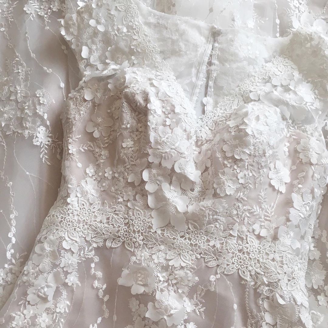 3D Lase Cut Flower Tulle Lace Fabric With Clear Sequin, Stripe Wedding ...