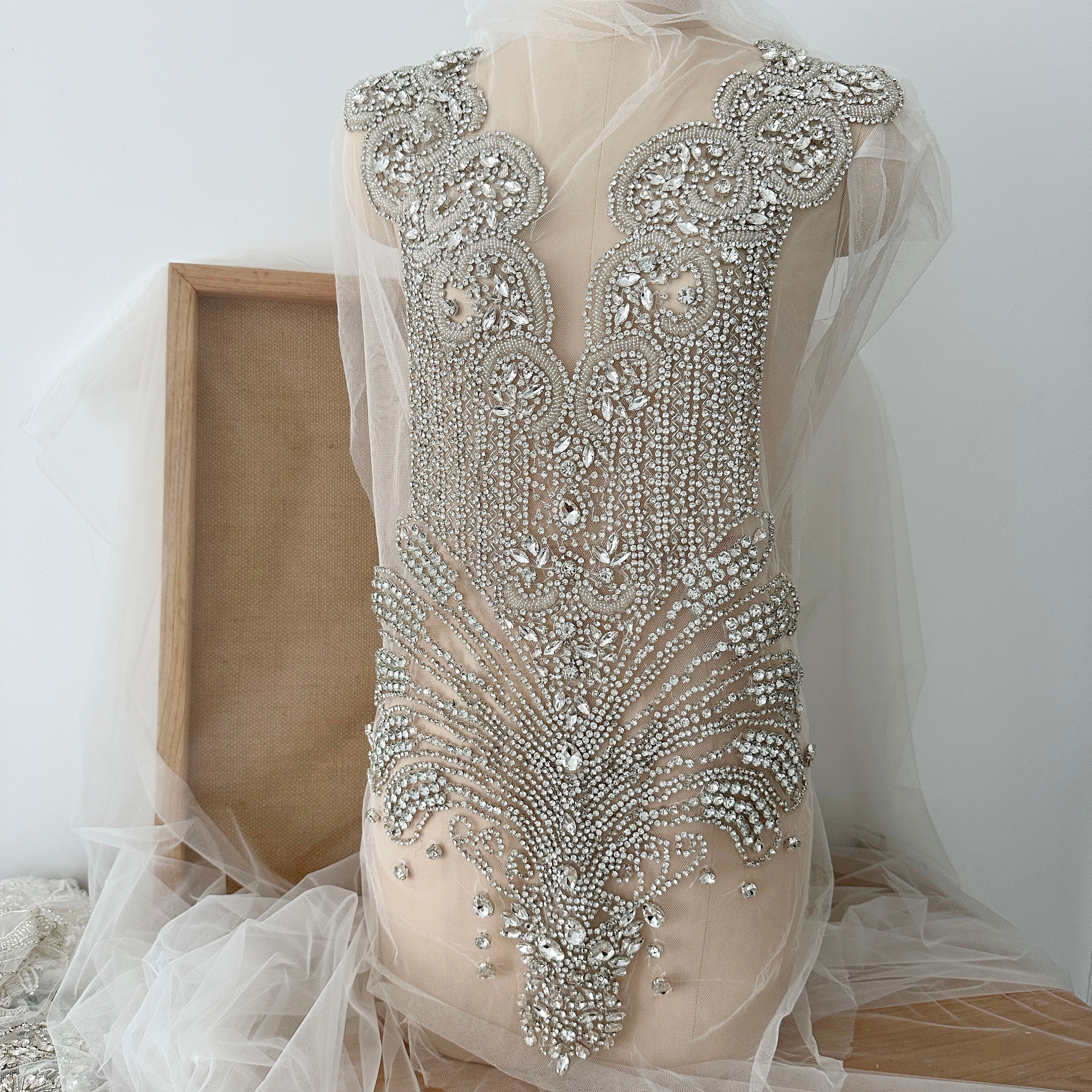 Luxury Silver 3D Hand Sewn Rhinestone Bridal Bodice Lace Applique for ...