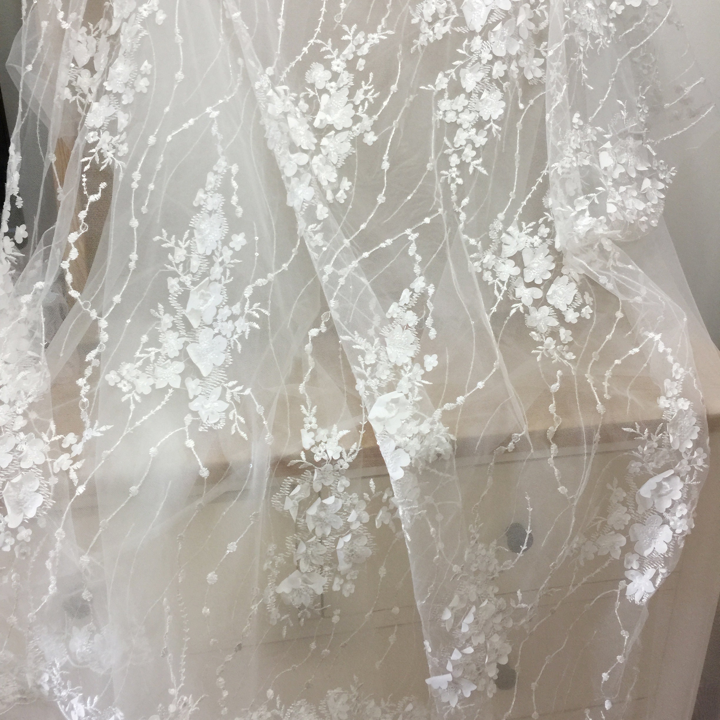 3D Lase Cut Flower Tulle Lace Fabric With Clear Sequin, Stripe Wedding ...