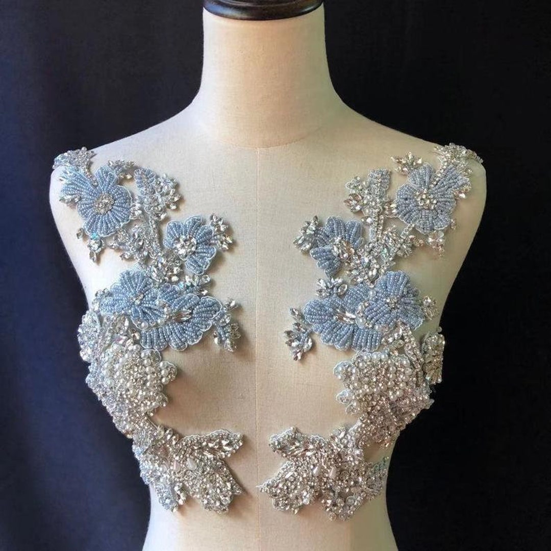 Smoke Blue 3D Flower Rhinestone Applique Pair Crystal Beaded Bridal ...
