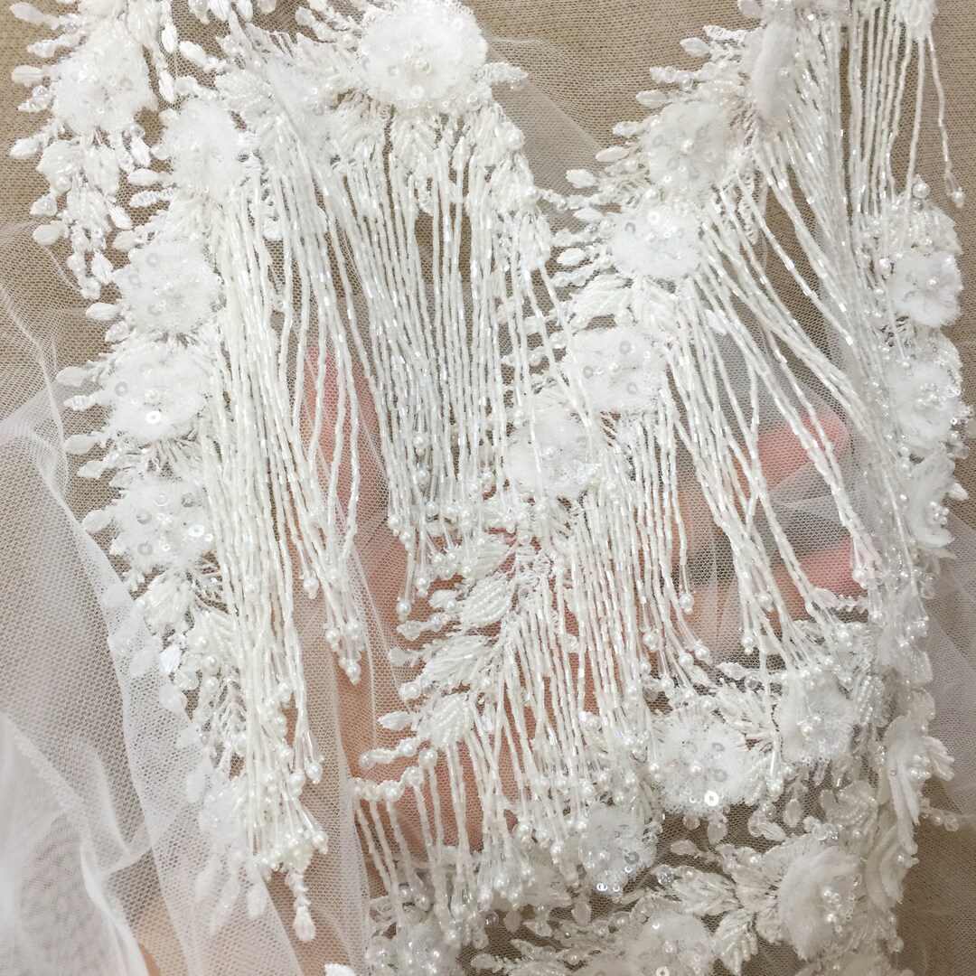 3D Flower Hand Beaded Dress Bodice Panel, Beautiful Fringe Lace Patch ...