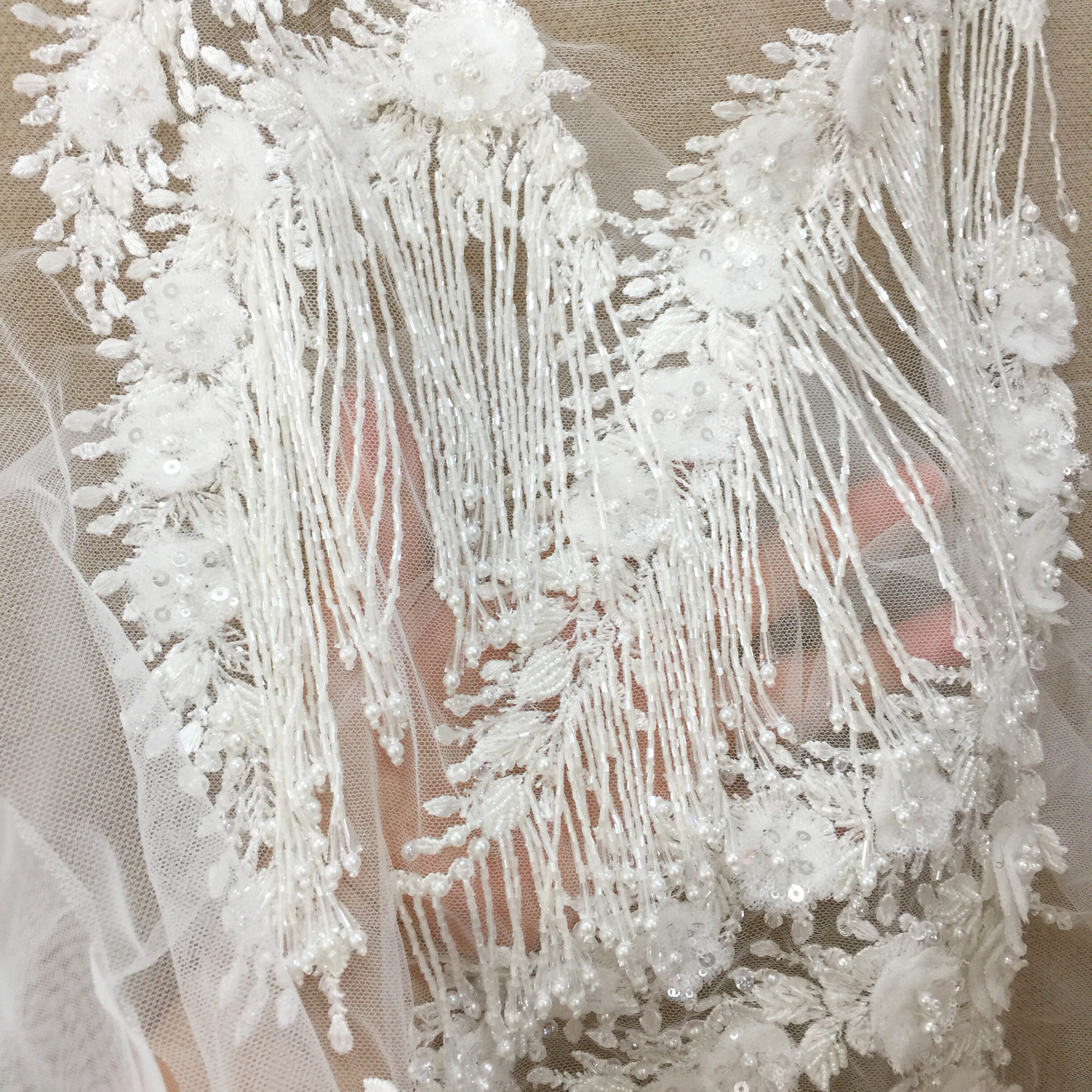 3D Flower Hand Beaded Dress Bodice Panel, Beautiful Fringe Lace Patch ...