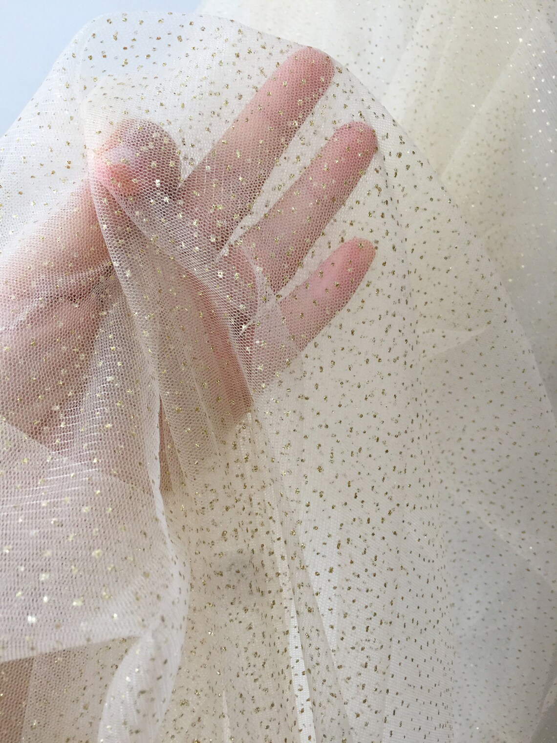 5 Yards Champagne Gold Glitter Tulle Lace Fabric , Soft Flowy Bridal ...