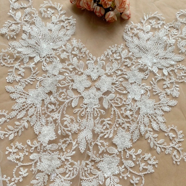 LARGE Heavy Beaded Bridal Applique - IVORY - Venice Lace Beaded ...