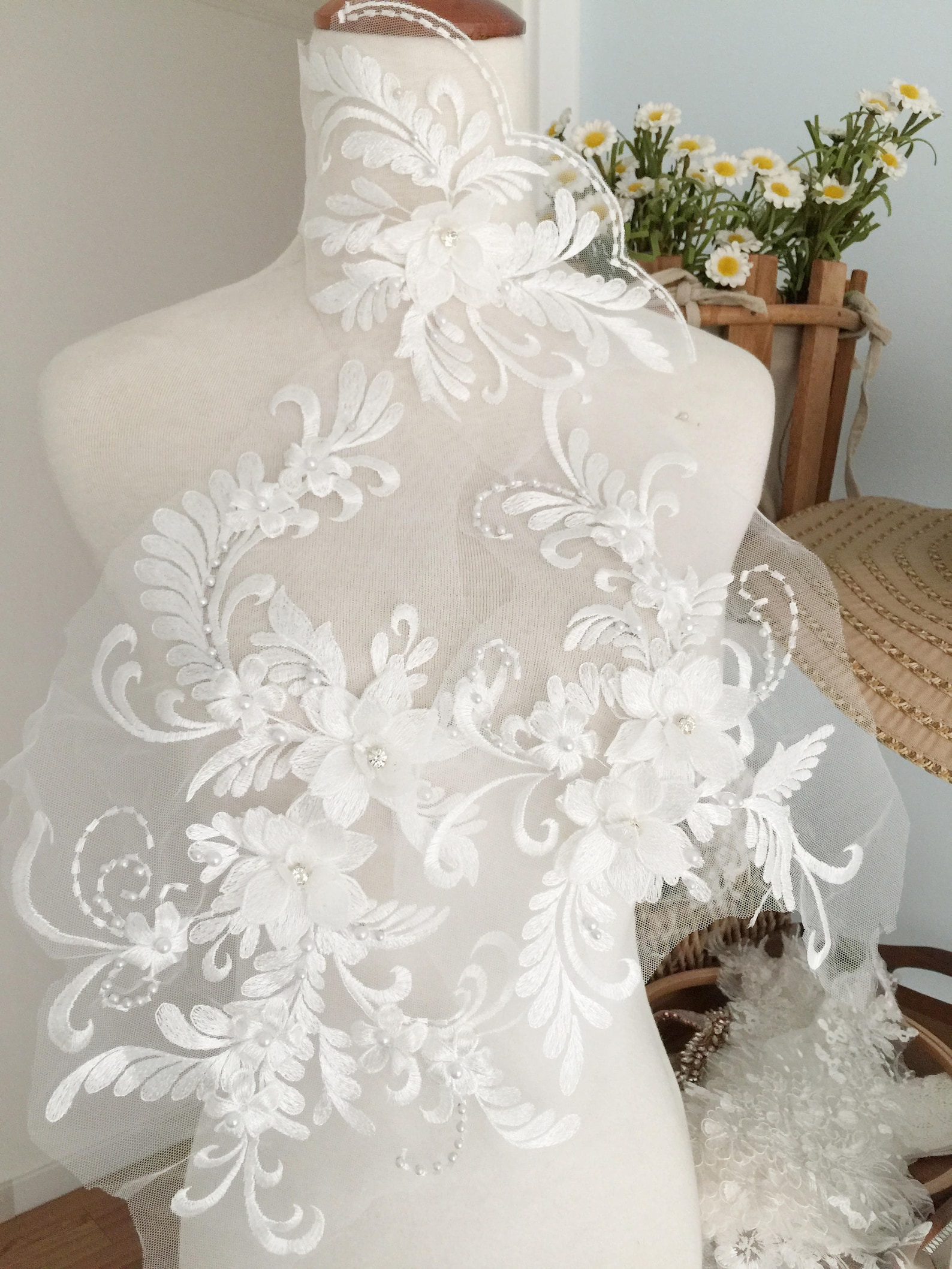 Off White 3D Pearl and Rhinestone Beaded Lace Applique Set in Smoke ...
