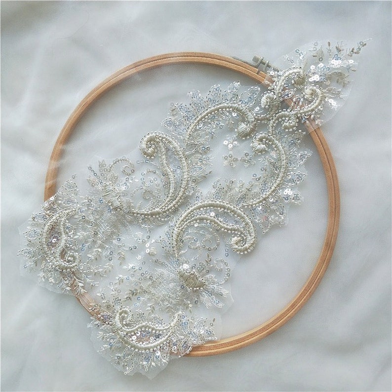 3D Beaded Bridal Lace Applique With Sequins on Silver Thread Setting ...