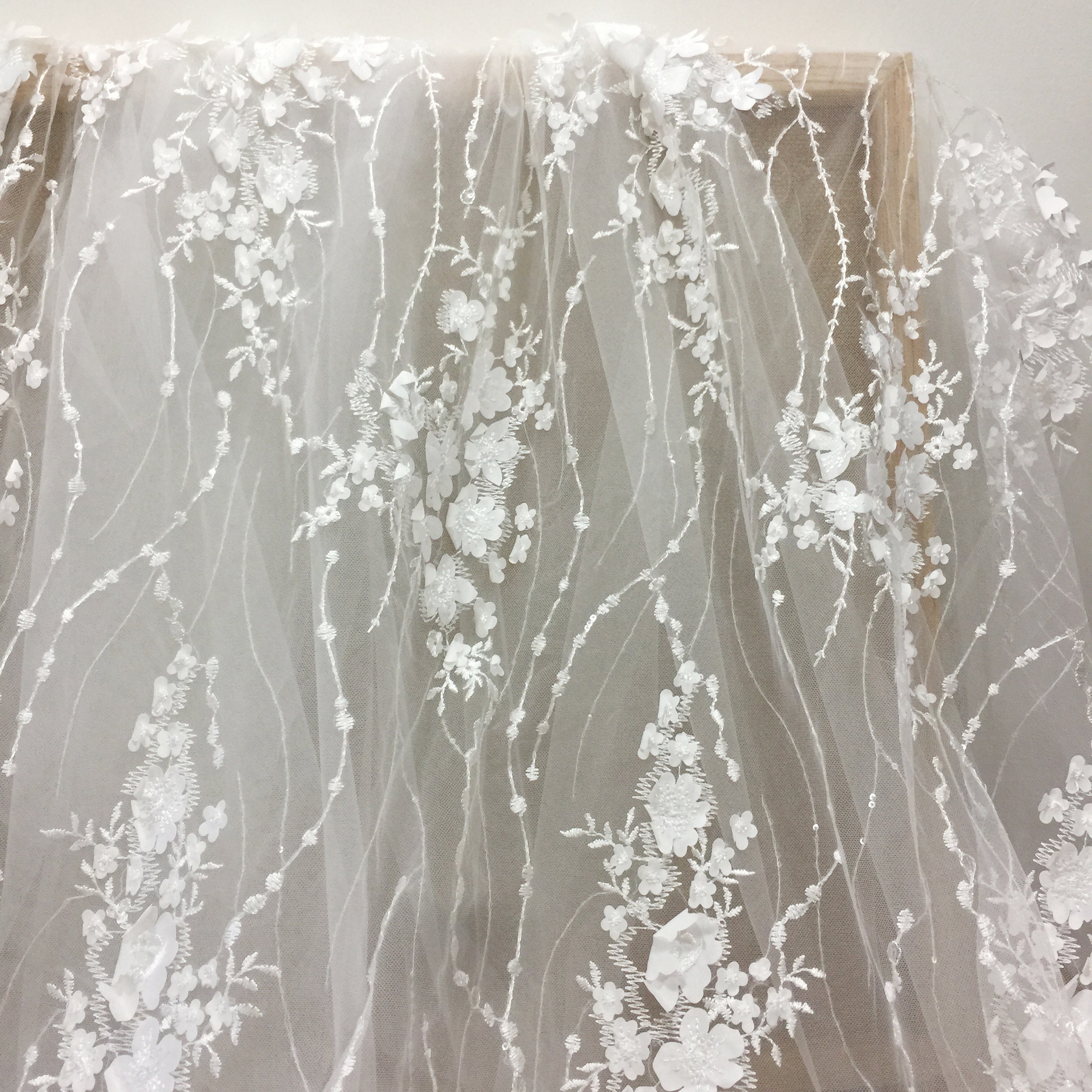 3D Lase Cut Flower Tulle Lace Fabric With Clear Sequin, Stripe Wedding ...