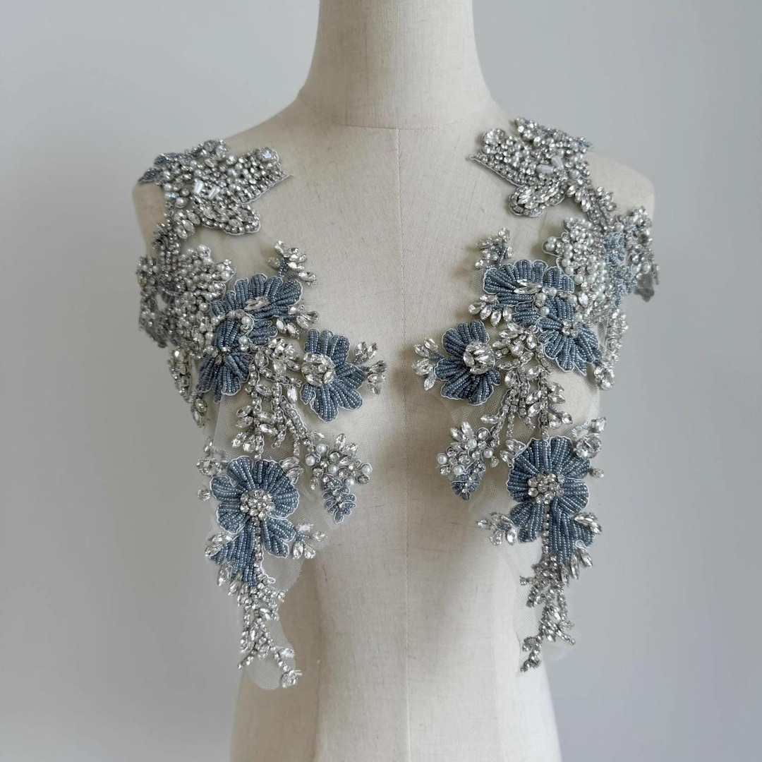 Smoke Blue 3D Flower Rhinestone Applique Pair Crystal Beaded Bridal ...