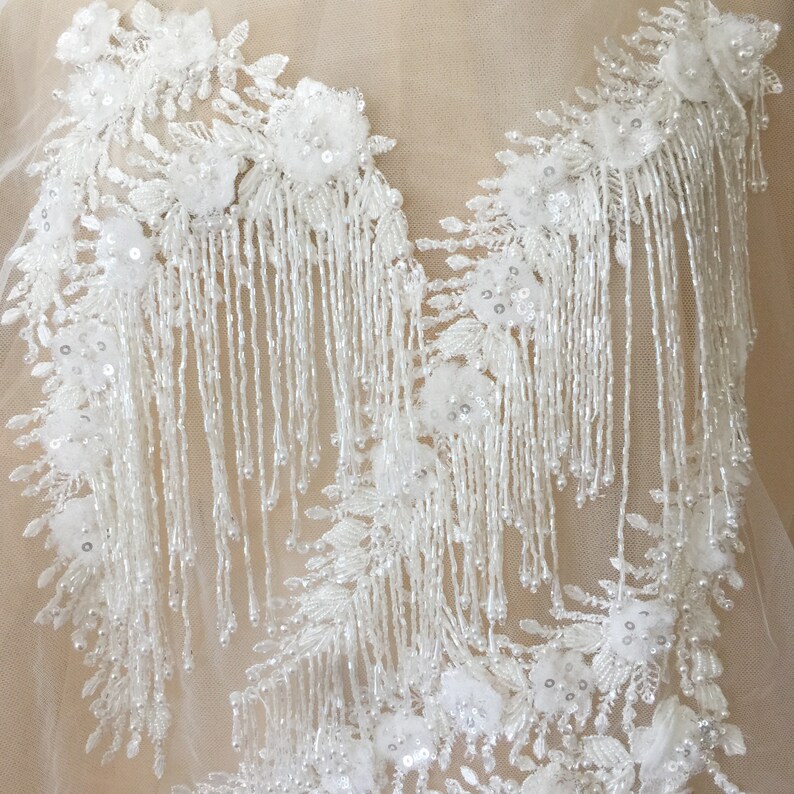 3D Flower Hand Beaded Dress Bodice Panel, Beautiful Fringe Lace Patch ...