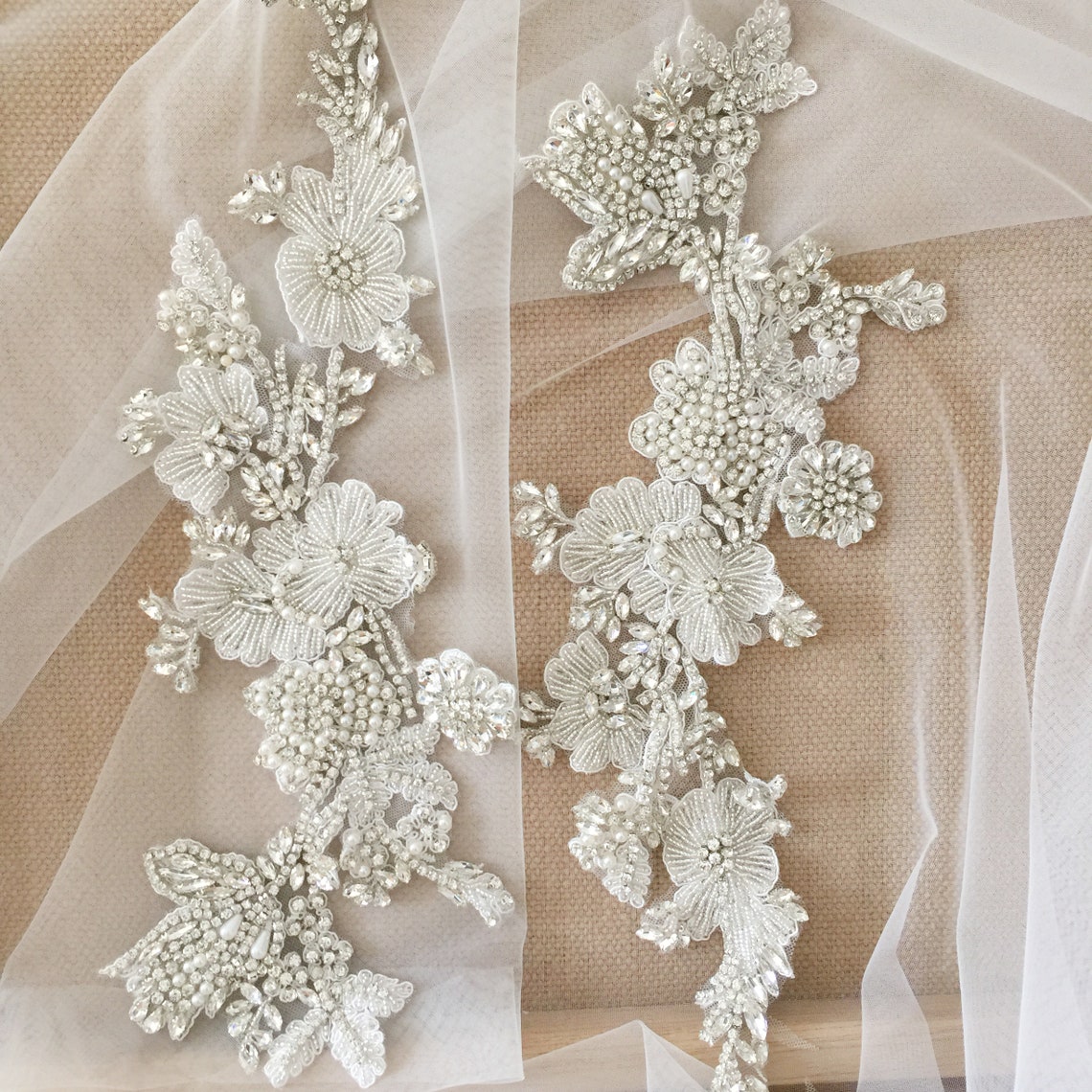 Smoke Blue 3D Flower Rhinestone Applique Pair Crystal Beaded Bridal ...