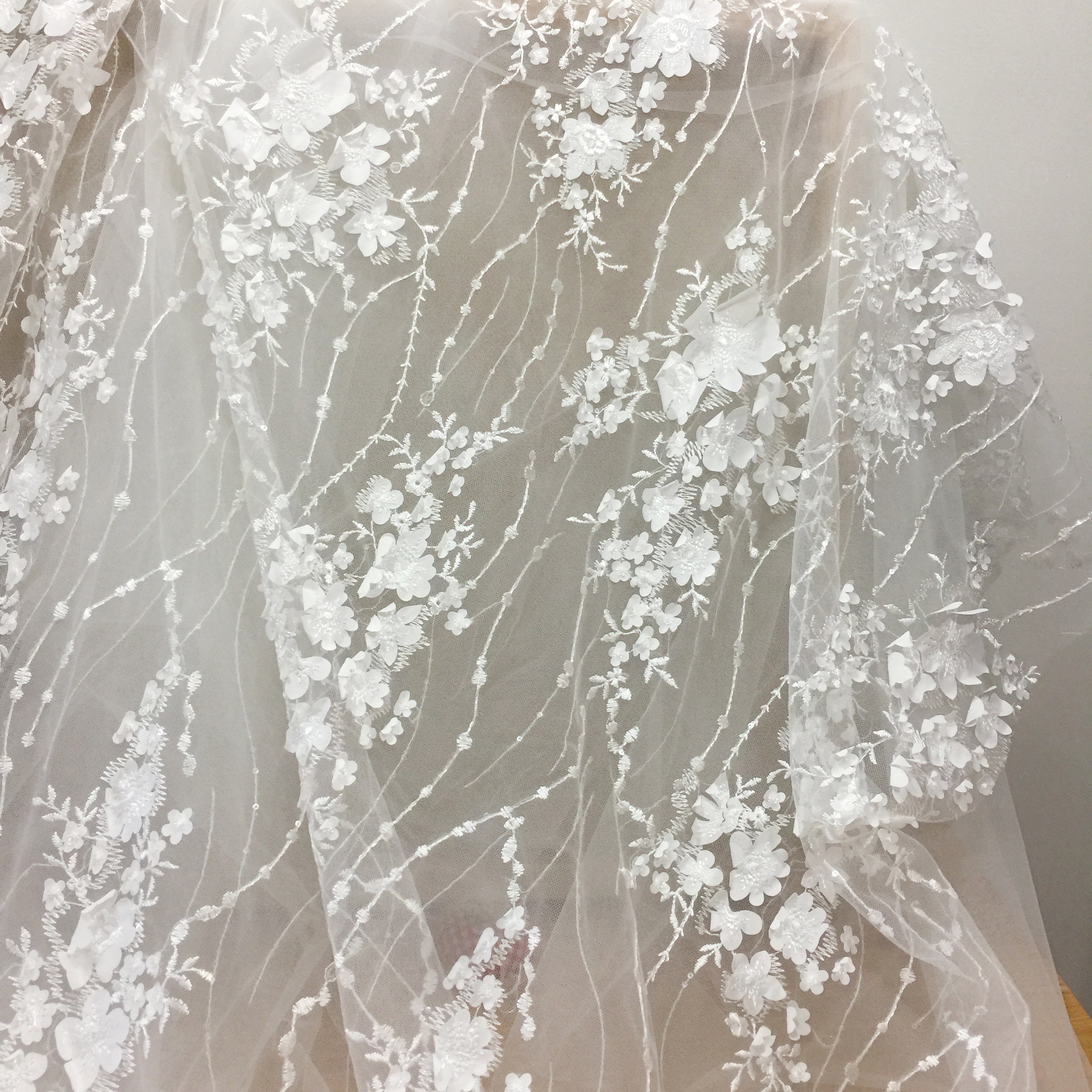 3D Lase Cut Flower Tulle Lace Fabric With Clear Sequin, Stripe Wedding ...