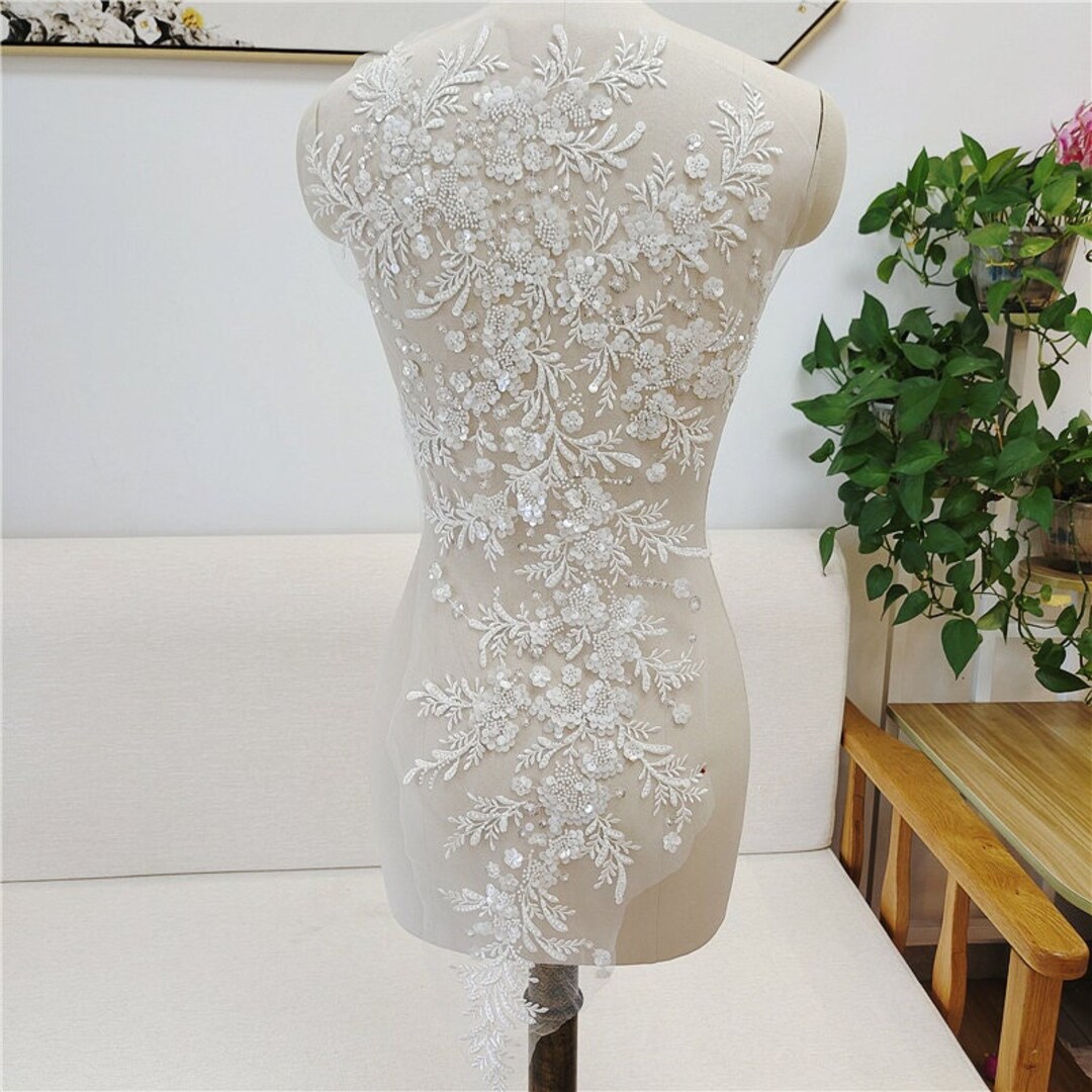 LARGE Heavy Beaded Bridal Applique - IVORY - Venice Lace Beaded ...