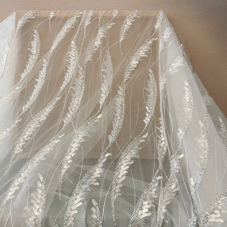 1 Yard 3D off White Sequin Tube Geometric Stripe Haute Couture Tulle ...