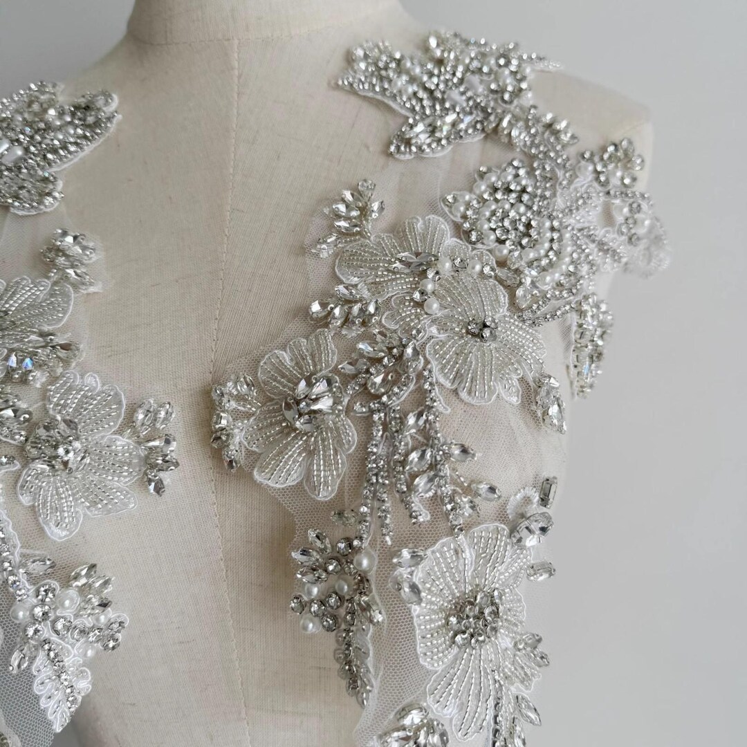 Smoke Blue 3D Flower Rhinestone Applique Pair Crystal Beaded Bridal ...