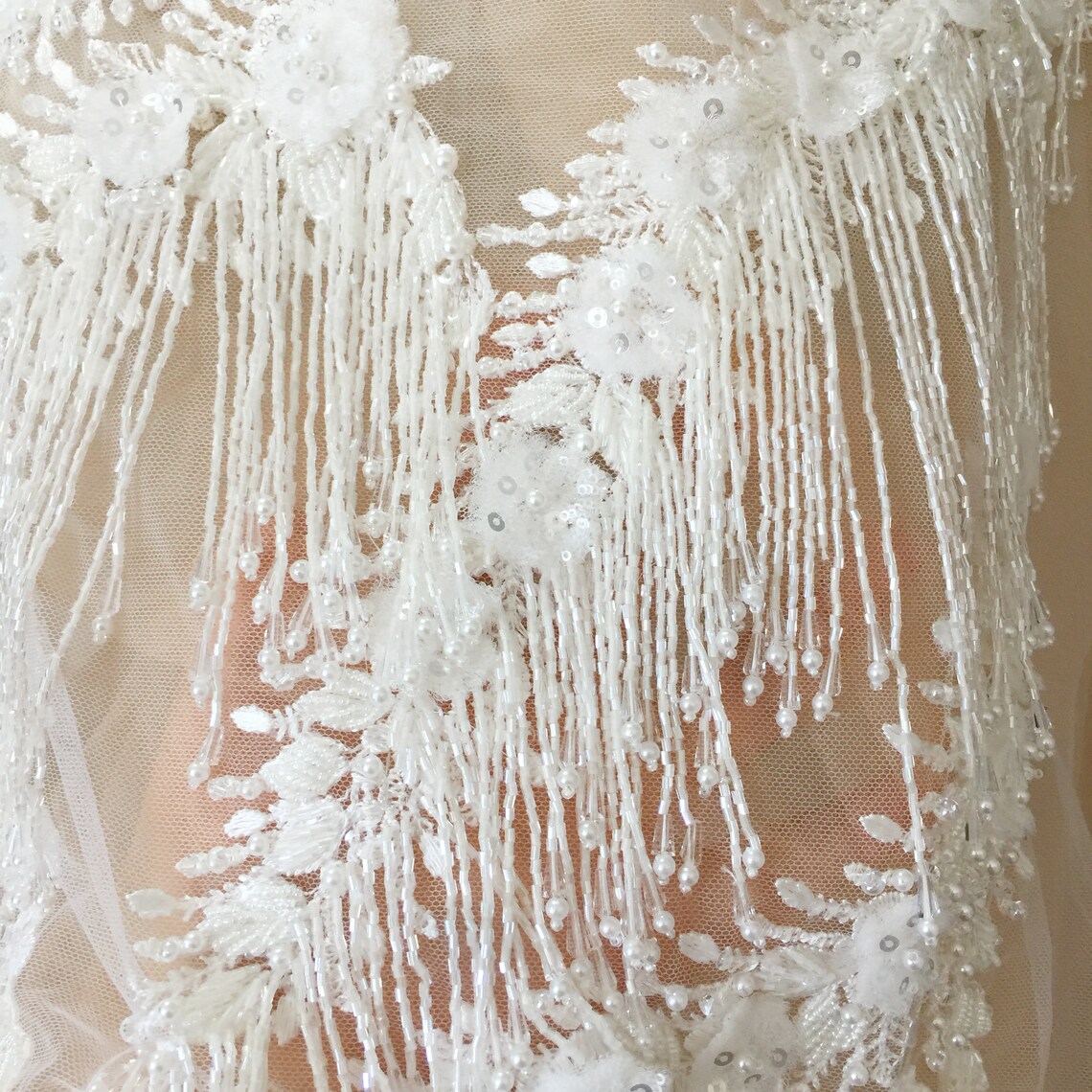 3D Flower Hand Beaded Dress Bodice Panel, Beautiful Fringe Lace Patch ...