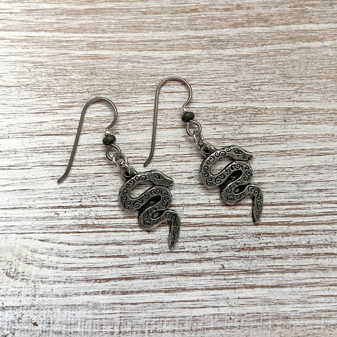 Pewter Snake Earrings: Antiqued Silver Reptile Jewelry - Etsy
