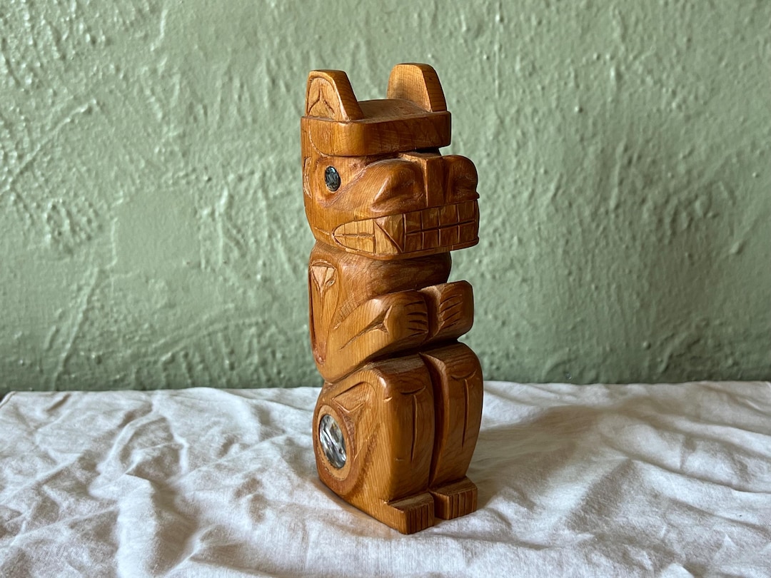 Carved Wooden Bear Totem Pole With Abalone Details by Native Artist ...