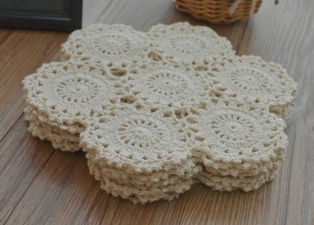 Lot 6 Hand Crochet Cream Doilies 10 Round Floral Wedding Coasters ...