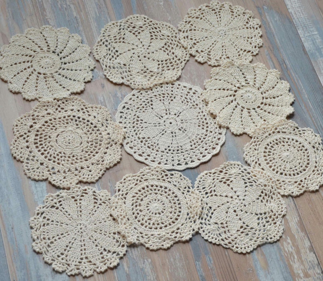 Set of 10 Hand Crochet Round Doilies Farmhouse Table Placemats Coasters ...