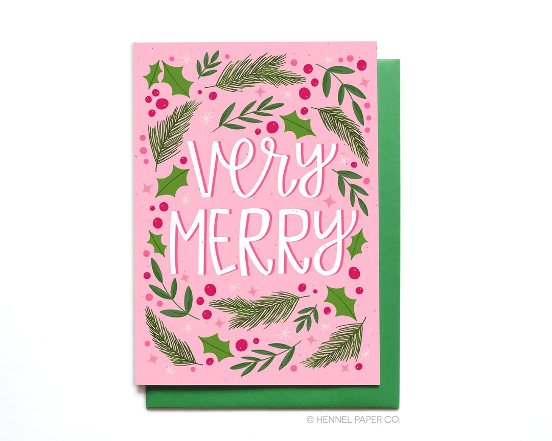 Pink Christmas Card: Very Merry Holiday Card, Green Envelope - Etsy