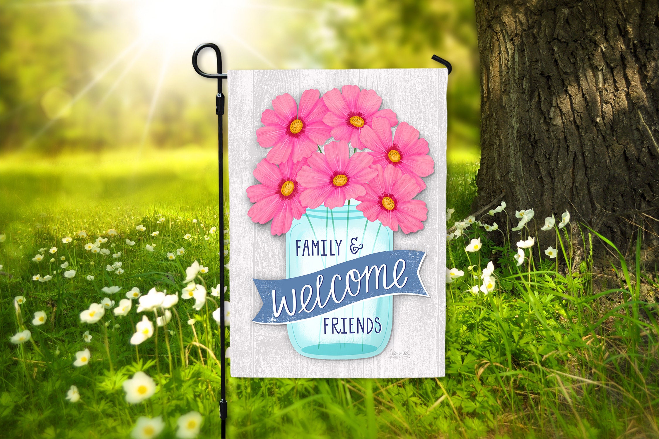 Welcome Family & Friends Garden Flag Flowers Mason Jar Spring | Etsy
