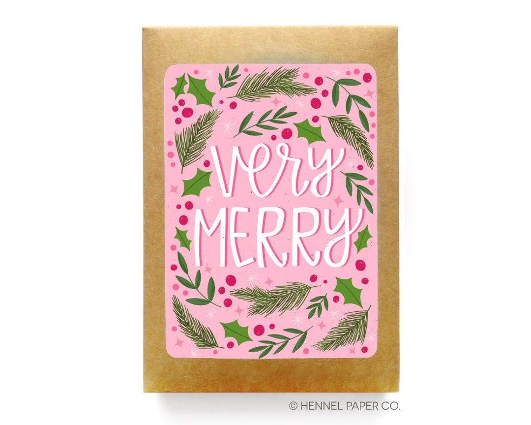 Pink Christmas Card Set: Very Merry Holiday Cards - Etsy