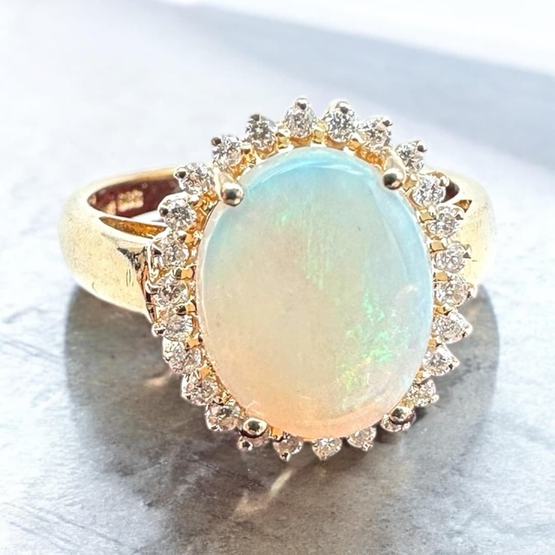 Vintage Opal Ring 14k Gold Diamond Halo Ring Opal Yellow Gold Ring Gift ...