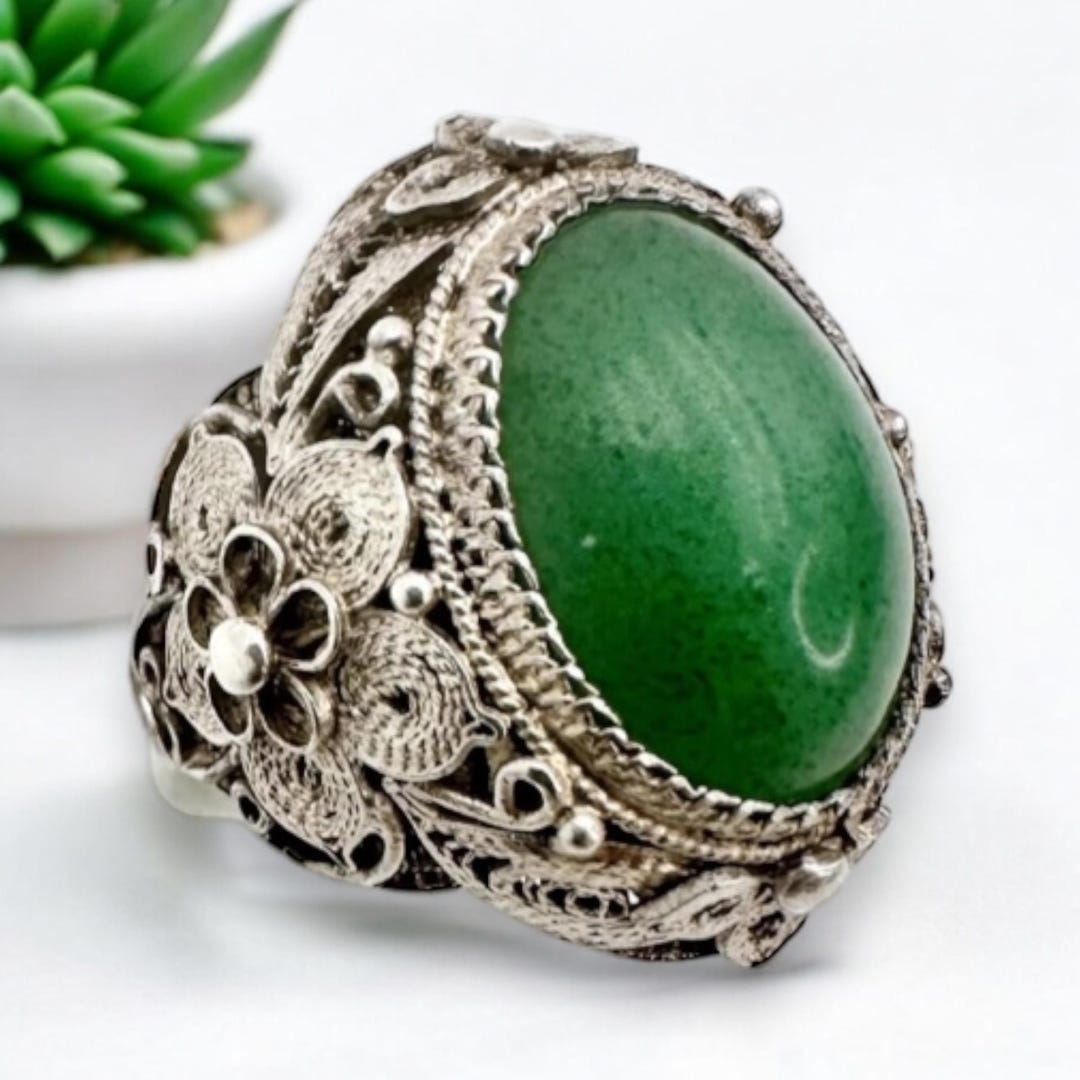 Vintage CHINESE EXPORT Ring Sterling Silver Ring Jade Ring Filigree ...