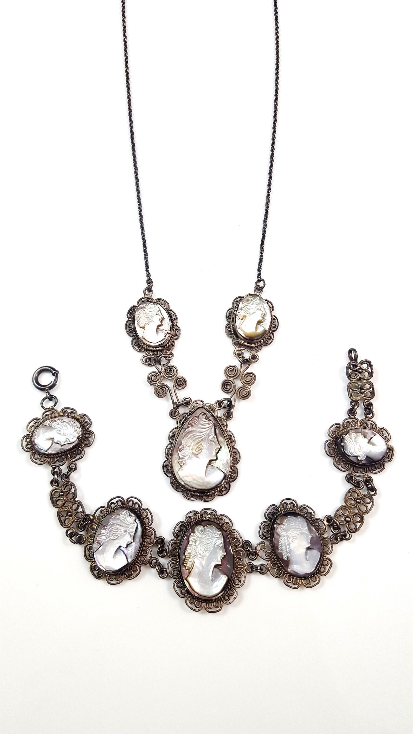 Vintage Cameo Set Sterling Silver Mother of Pearl Cameo Set MOP Cameo ...