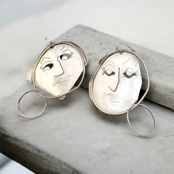 Vintage TAXCO Earrings Like JW Anderson Moon Face Earrings Sterling Silver Face Earrings MASSIVE Statement People Picasso Like so Good Vibe Etsy