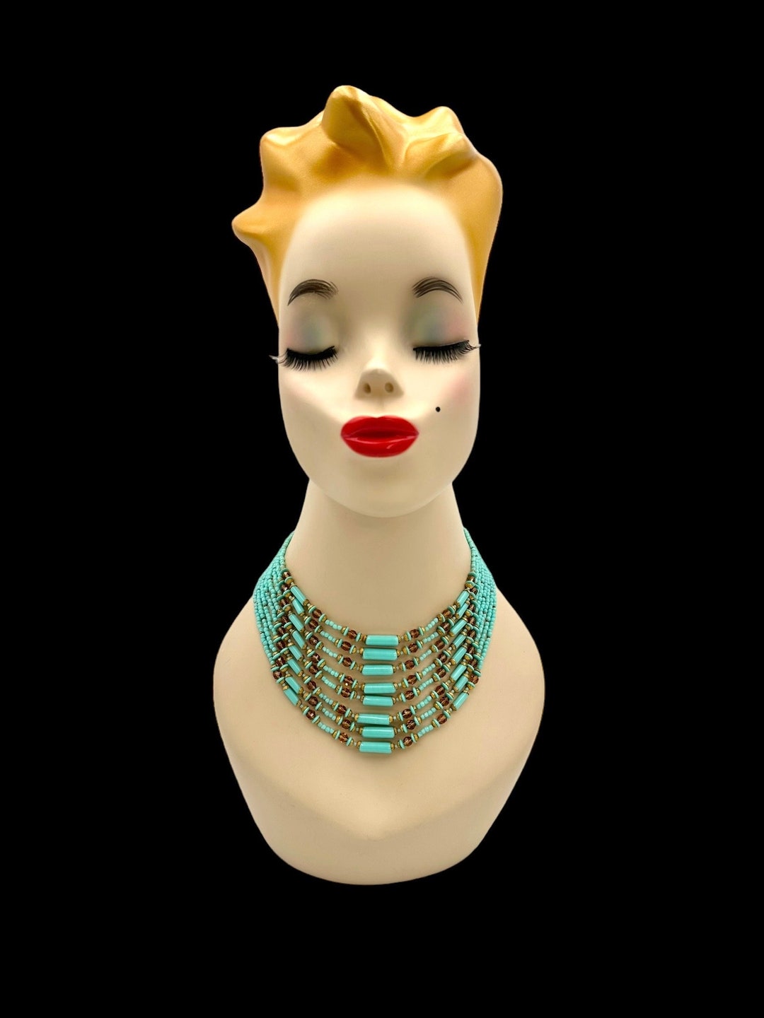 Vintage MIRIAM HASKELL Necklace Turquoise Glass Amber Colored Lucite ...
