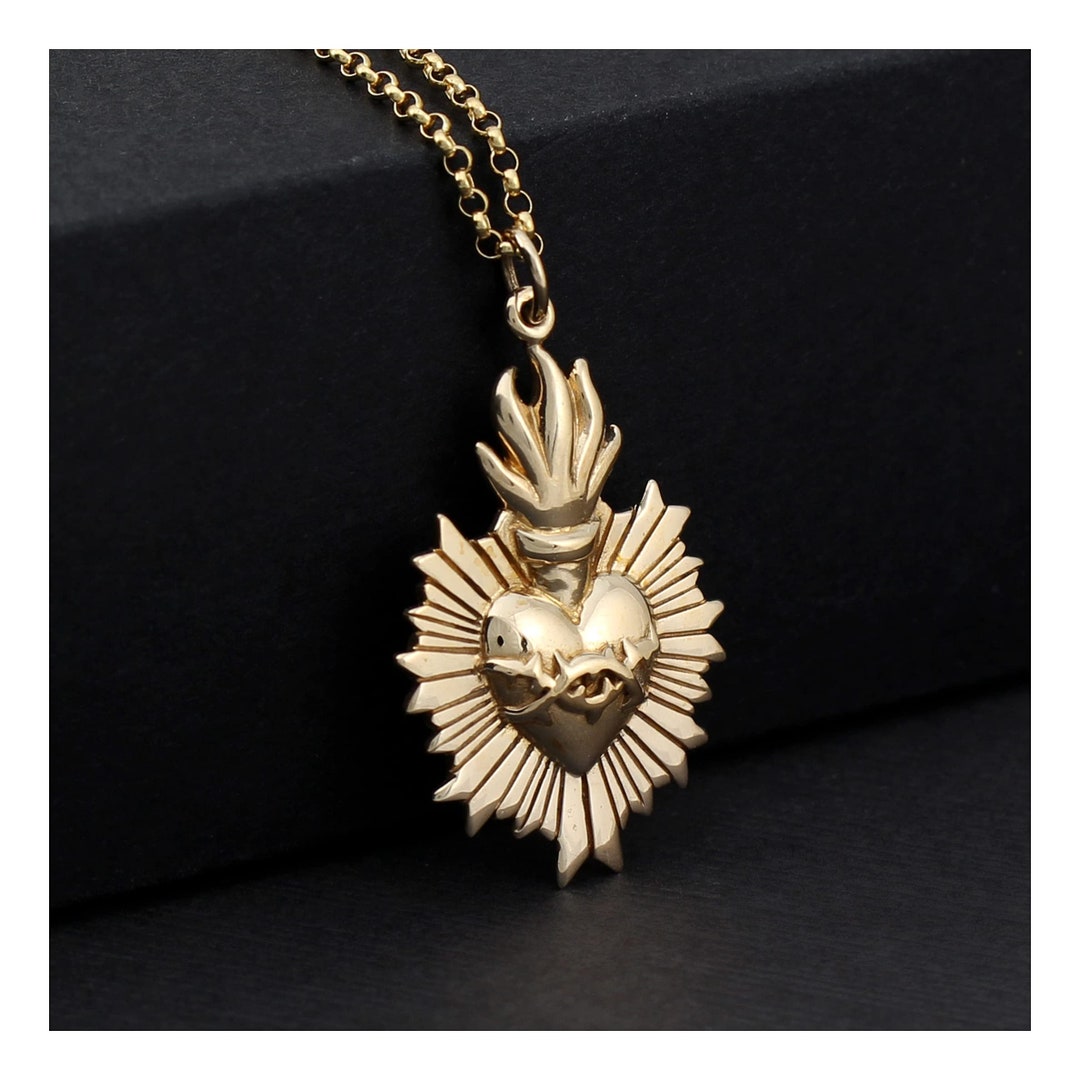 Gold Sacred Flaming Heart With Thorns Charm Necklace 14k Gold Filled ...