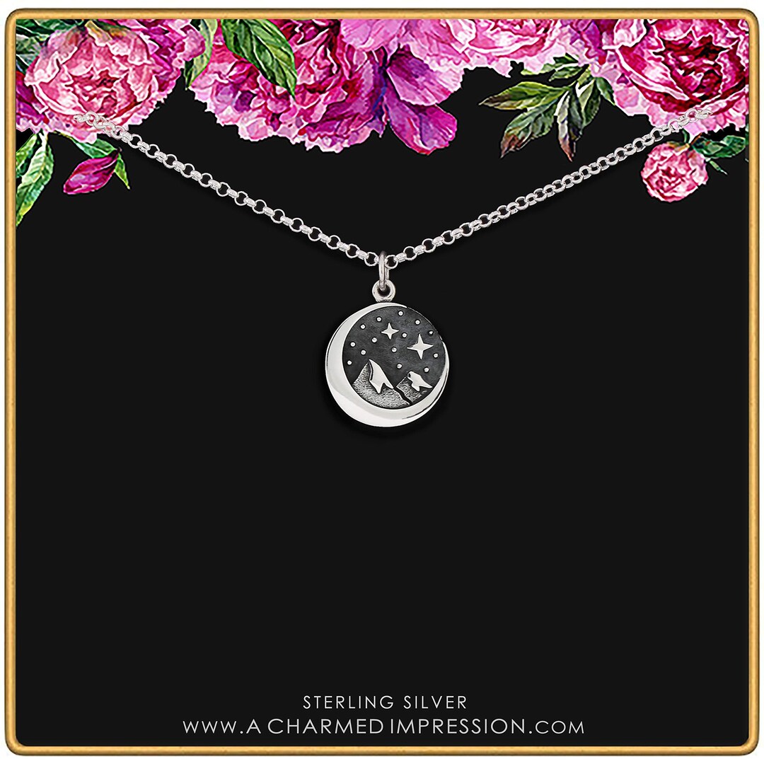 Sterling Silver Star Moon & Mountains Pendant Necklace Starry Night ...