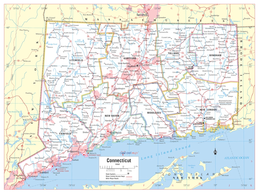 Connecticut States Wall Map Large Print Poster - 32"wx24"h - Etsy