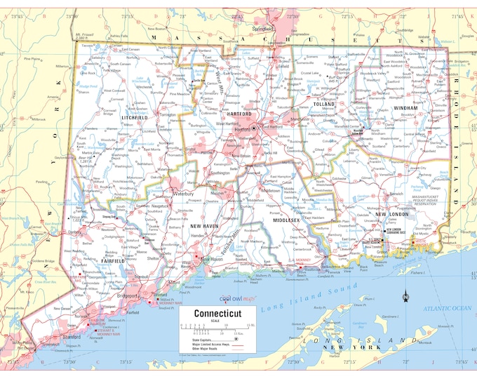 Connecticut States Wall Map Large Print Poster - 32"wx24"h - Etsy
