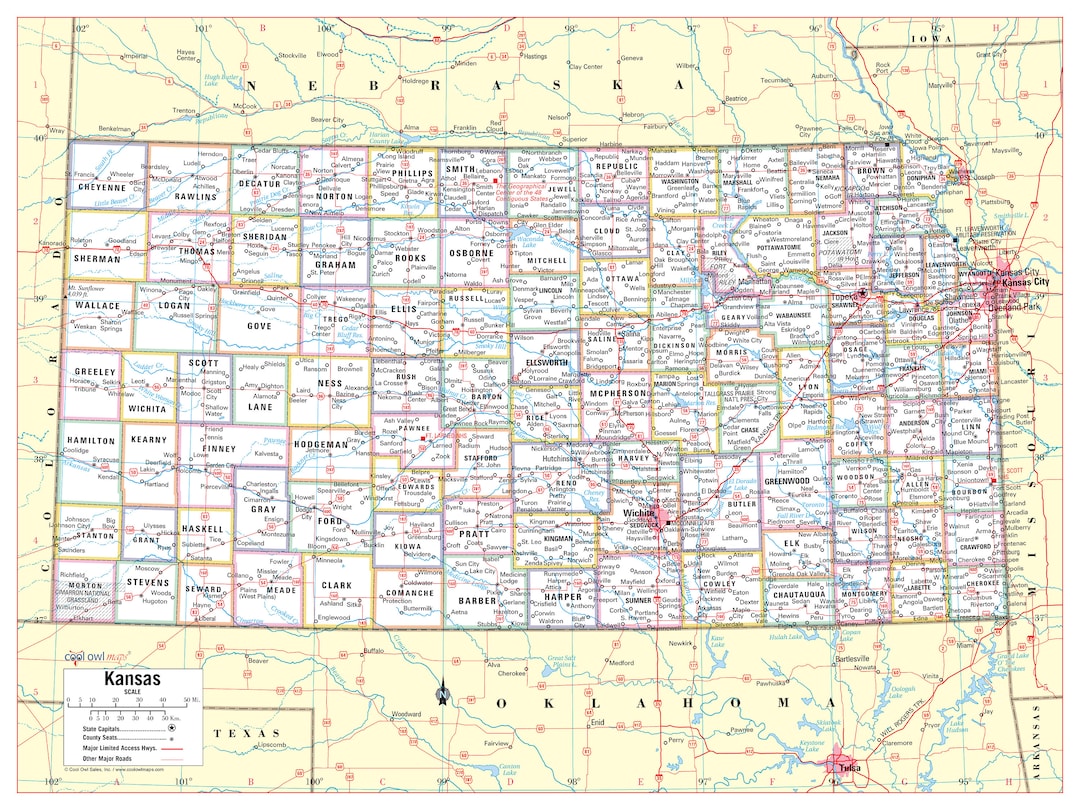 Kansas State Wall Map Large Print Poster - 32"x24" - Etsy