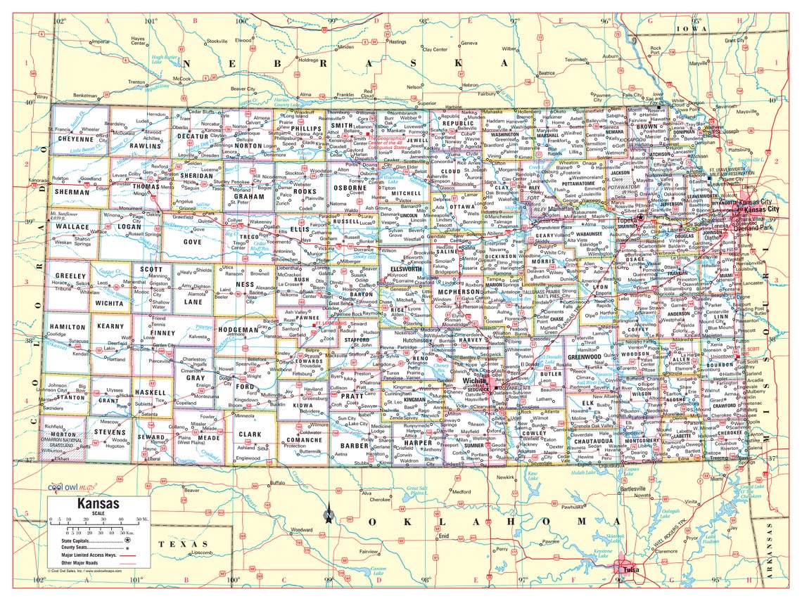 Kansas State Wall Map Large Print Poster - 32"x24" - Etsy