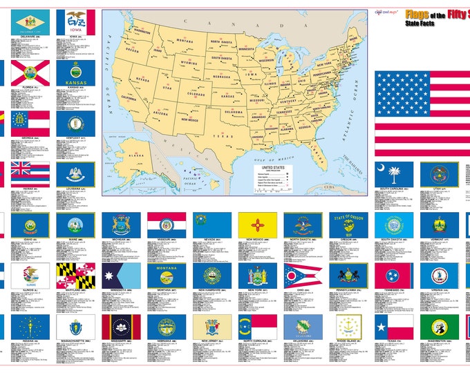 Flags of the 50 U.S. States Wall Map Poster 36x24 Rolled Paper or ...